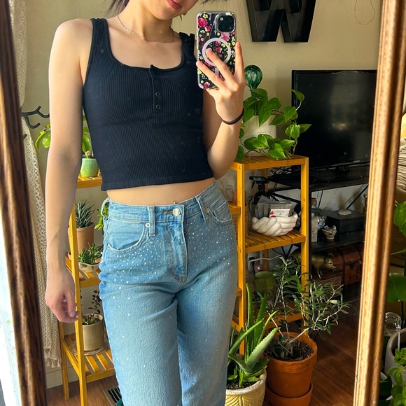 Tops | Black Button Up Ribbed Tank Tank | Poshmark